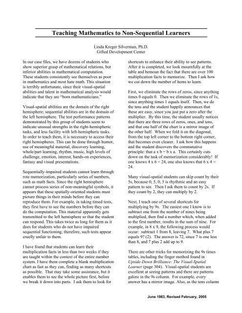 Teaching Mathematics to Non-sequential Learners - Visual-Spatial ...