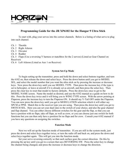 XP 6102 Programming Guide for Hangar 9 Ultra Stick - JR Radios