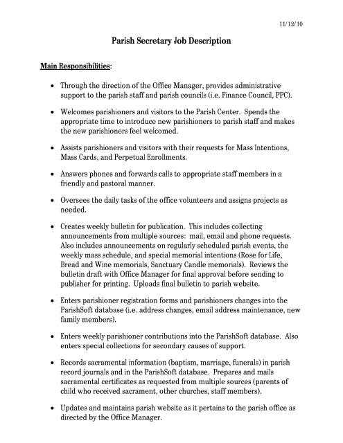 Parish Secretary Job Description