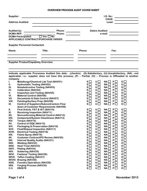 PROCESS AUDIT COVER SHEET