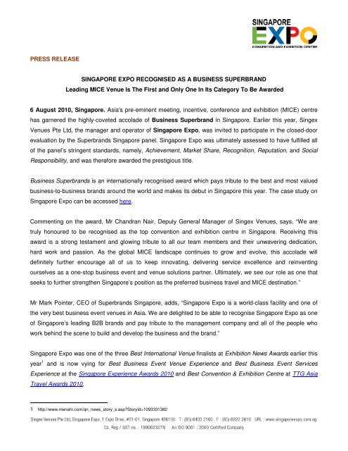 Singapore Expo Recognised As A Business Superbrand - Singex