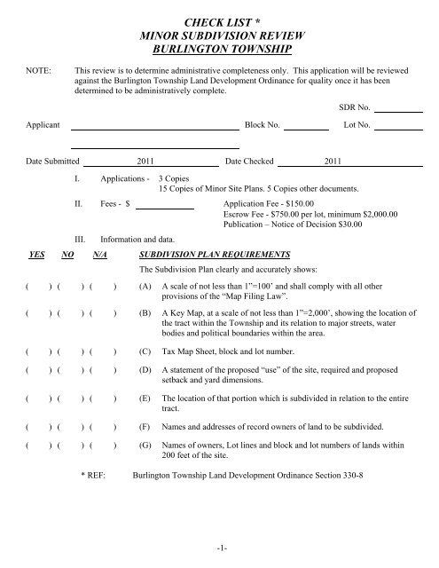 Minor Subdivision Checklist - Burlington Township