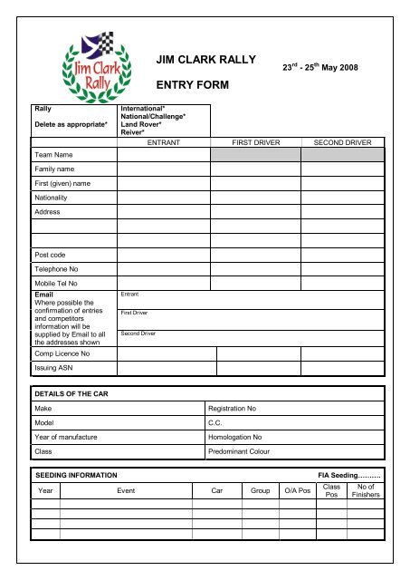 JIM CLARK RALLY ENTRY FORM - Irish Tarmac Rally Championship