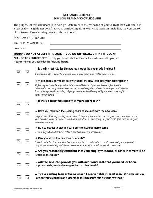 NET TANGIBLE BENEFIT The purpose of this document is to help ...