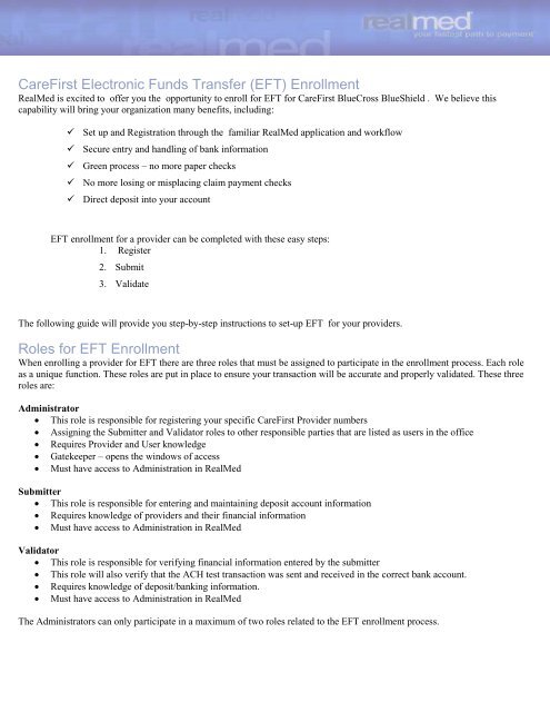 CareFirst Electronic Funds Transfer (EFT) Enrollment Roles for EFT ...