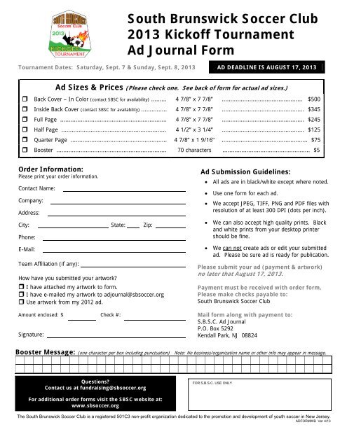 Ad Journal Form - South Brunswick Soccer Club