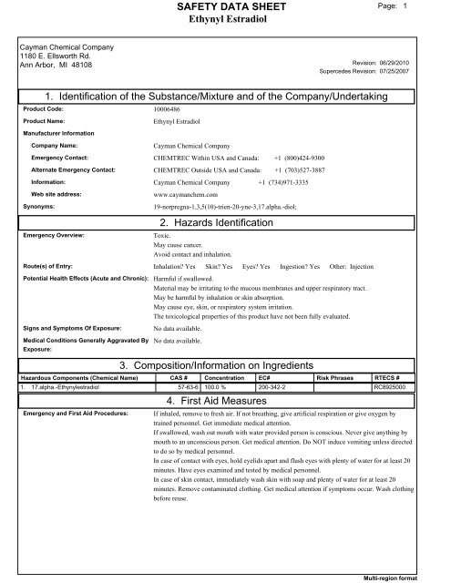 Ethynyl Estradiol SAFETY DATA SHEET 1. Identification of the ...
