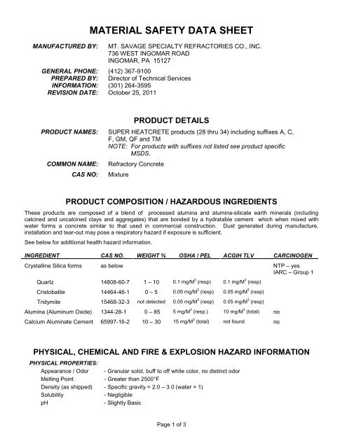 Cast Refractory Heaters MSDS - Thermcraft Inc.