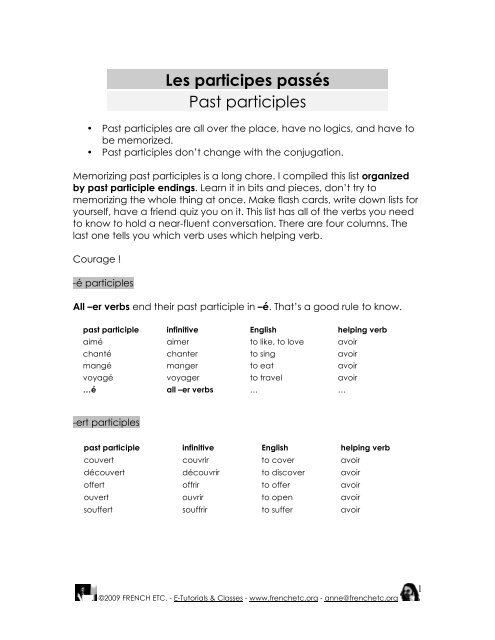 past participles grande liste - French Etc