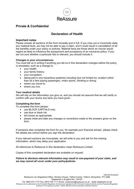 Declaration of Health - ReAssure