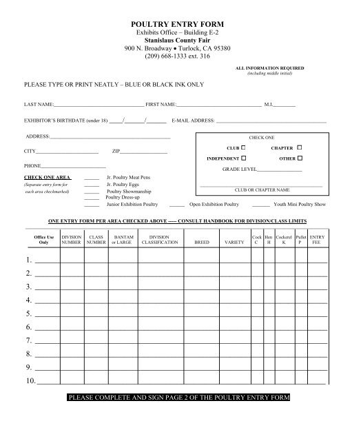 POULTRY ENTRY FORM 1. 2. - Stanislaus County Fair