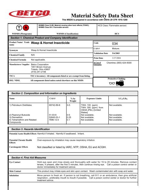 034 Wasp and Hornet Insecticide MSDS English - Betco Corporation
