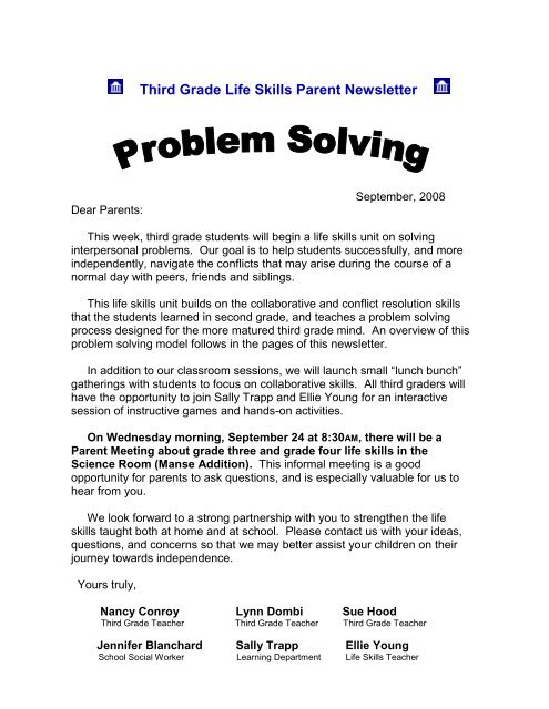 Third Grade Life Skills Parent Newsletter - Key School