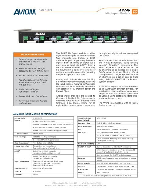 AV-M8 Mic Input Module Data Sheet - Aviom