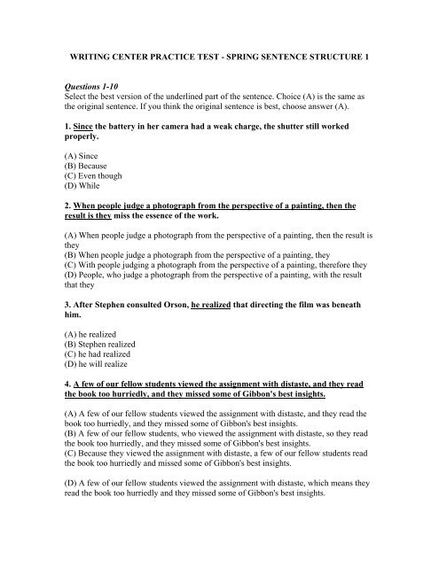 writing center practice test - spring sentence structure 1