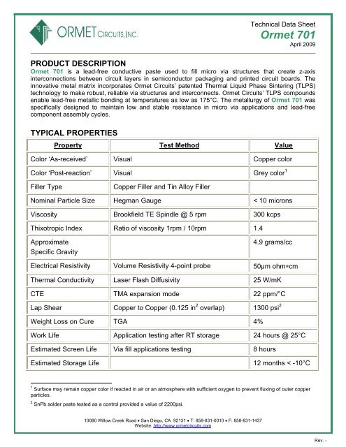 Lead-free Conductive Paste Ormet 701 - Ormet Circuits, Inc.