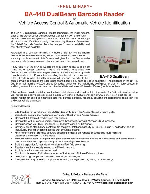 BA-440 DualBeam Barcode Reader