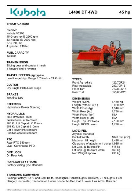 Kubota L4400 Specifications - LiveUpdater