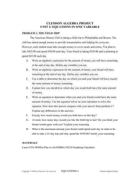 clemson algebra project unit 2: equations in one variable - Casio