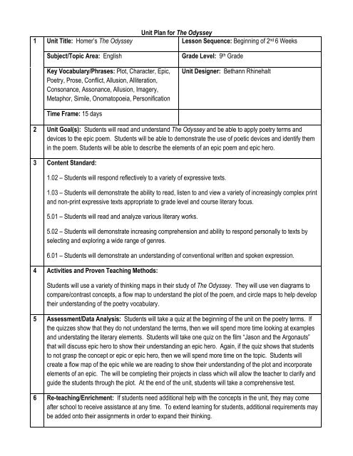 Unit Plan for The Odyssey - NCTeachDurhamCohortWinzeler