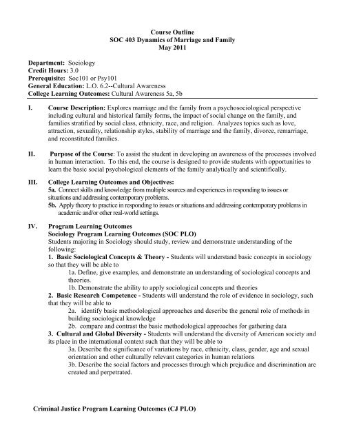 Course Outline SOC 403 Dynamics of Marriage ... - Lourdes College