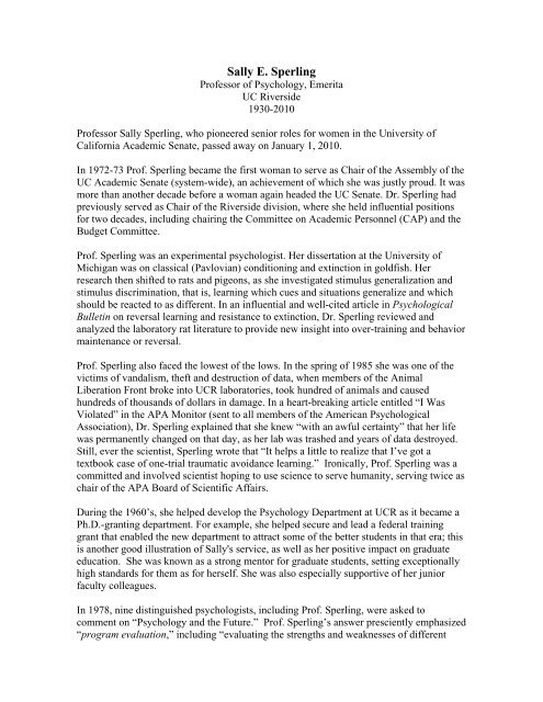 In Memoriam - Professor Sally E. Sperling, Emerita - UC Riverside ...
