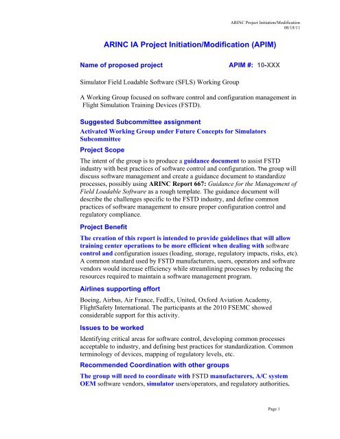 ARINC IA Project Initiation/Modification (APIM)
