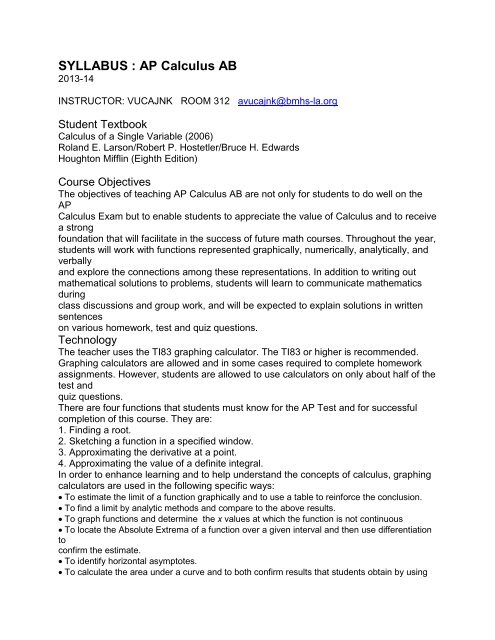 SYLLABUS : AP Calculus AB
