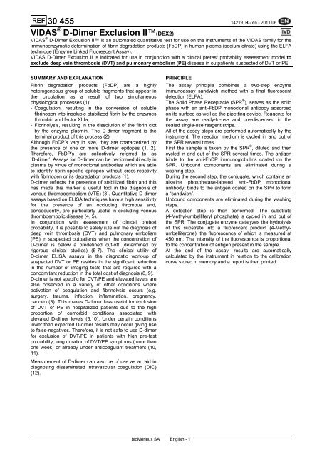 30 455 VIDASÂ® D-Dimer Exclusion IIâ ¢(DEX2) - ILEX Medical Systems