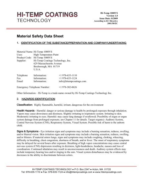 Material Safety Data Sheet - Hi-Temp Coatings