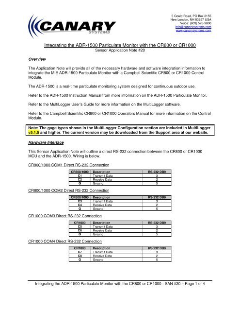 Integrating the ADR-1500 Particulate Monitor with ... - Canary Systems