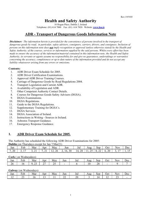 ADR - Transport of Dangerous Goods Information Note