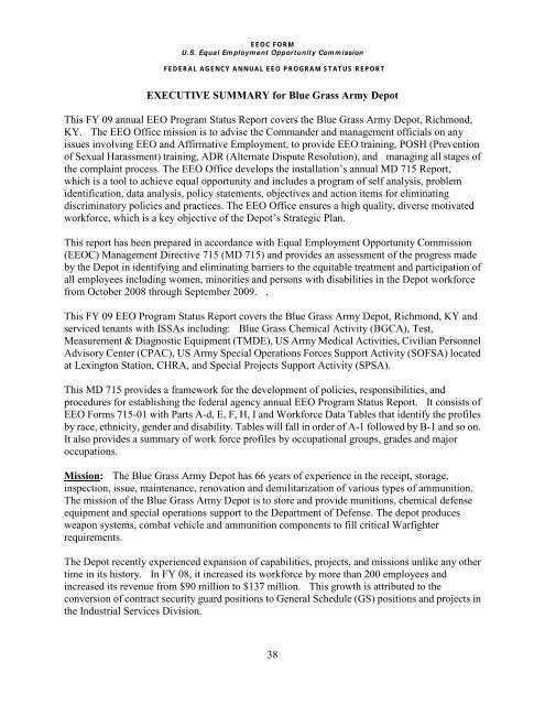 EXECUTIVE SUMMARY for Blue Grass Army Depot - JMC - U.S. Army