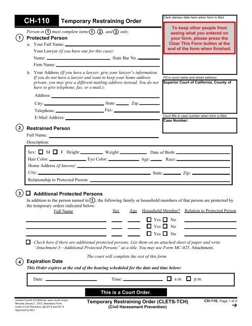 CH-110 Temporary Restraining Order - California Courts