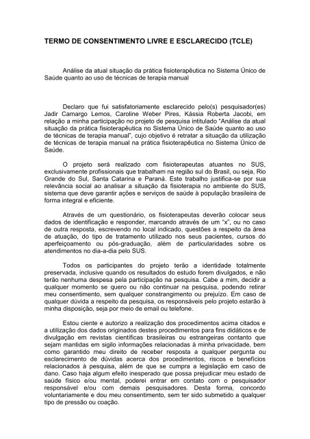 termo de consentimento livre e esclarecido (tcle) - Crefito