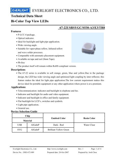 Technical Data Sheet Bi-Color Top View LEDs 67-22USRSYGC ...