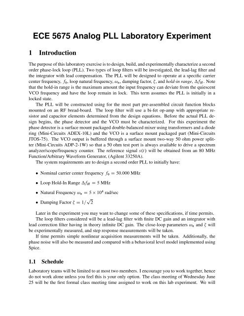 ECE 5675 Analog PLL Laboratory Experiment 1 Introduction