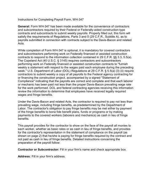 Instructions for Completing Payroll Form, WH-347 OMB Control No ...