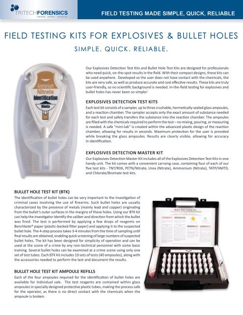 field testing kits for explosives & bullet holes - Tri-Tech Forensics