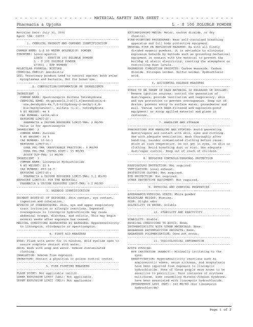 MATERIAL SAFETY DATA SHEET ...Pharmacia & Upjohn L - S 100 ...