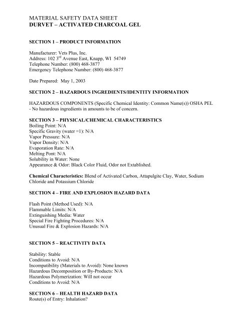 material safety data sheet durvet â activated charcoal gel