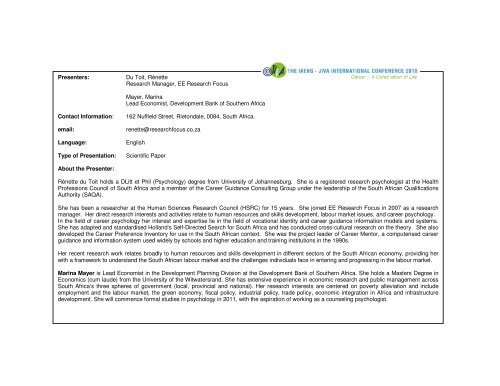 Presenters: Du Toit, RÃ¨nette Research Manager, EE ... - Jivacareer.org