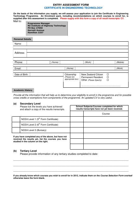 ENTRY ASSESSMENT FORM CERTIFICATE IN ENGINEERING ...