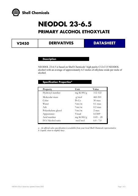neodol 23-6.5 primary alcohol ethoxylate v2450 derivatives datasheet