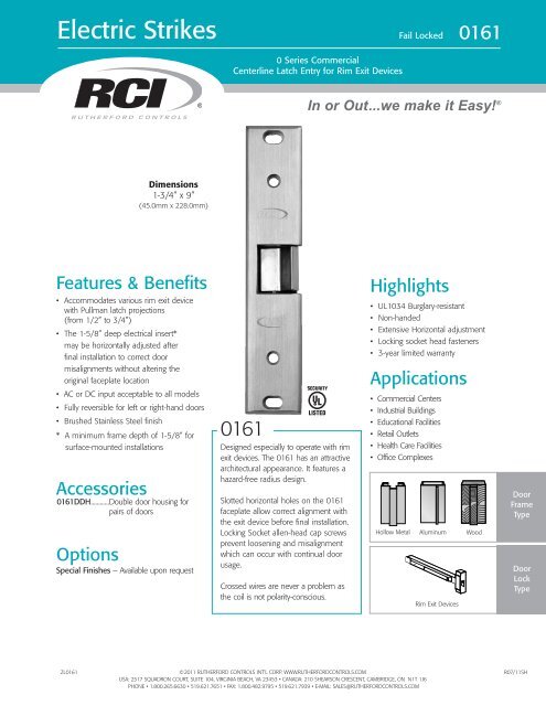 0161 Rim Exit Device Electric Strike Product Sheet - Rutherford ...