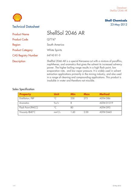 Technical datasheet - ShellSol 2046 AR, South America