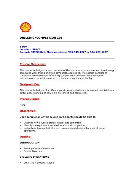 DRILLING/COMPLETION 101 Course Overview: Designed For ...