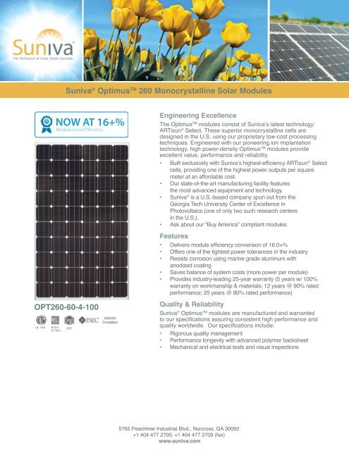 Suniva 260 Module Specifications