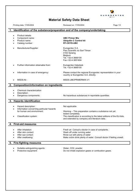 Download the primer UBC Control kit MSDS now - Eurogentec