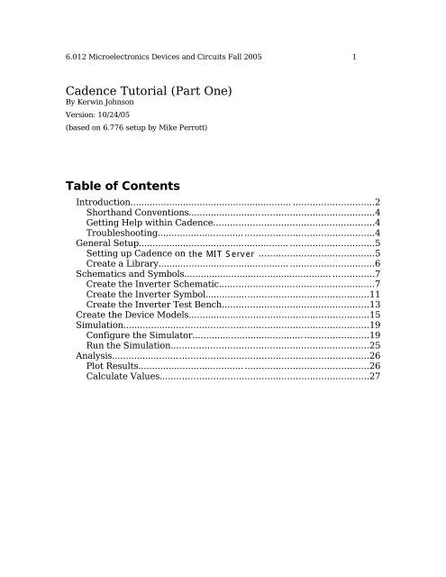 Cadence Tutorial (Part One) Table of Contents